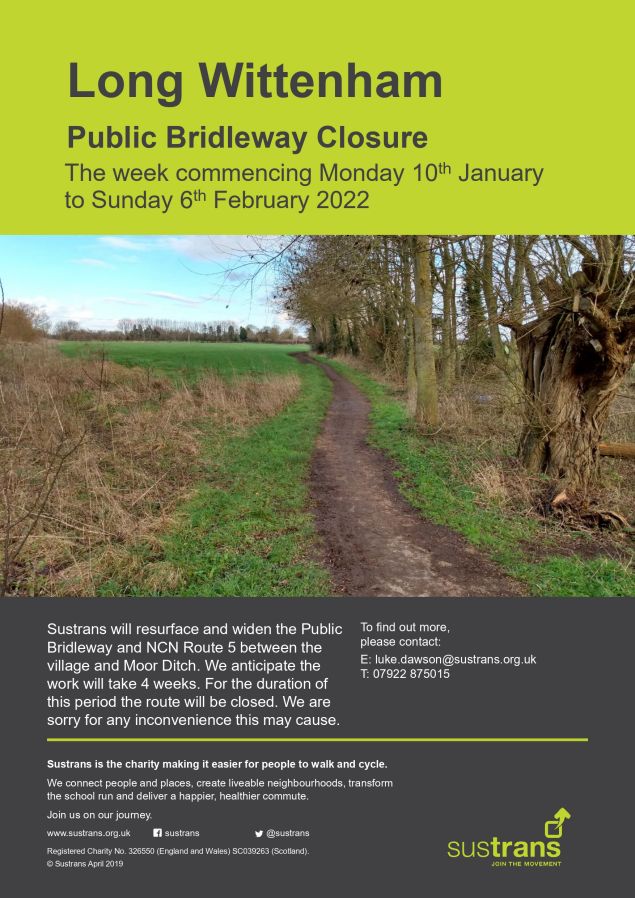 Cyclepath/Bridleway Closure – 10th January 2022 | Long Wittenham ...