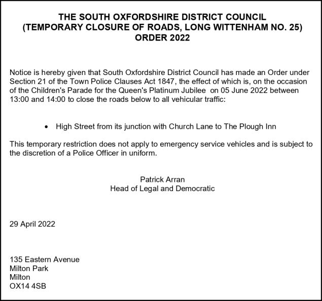 Jubilee Parade Road Closure | Long Wittenham, Oxfordshire