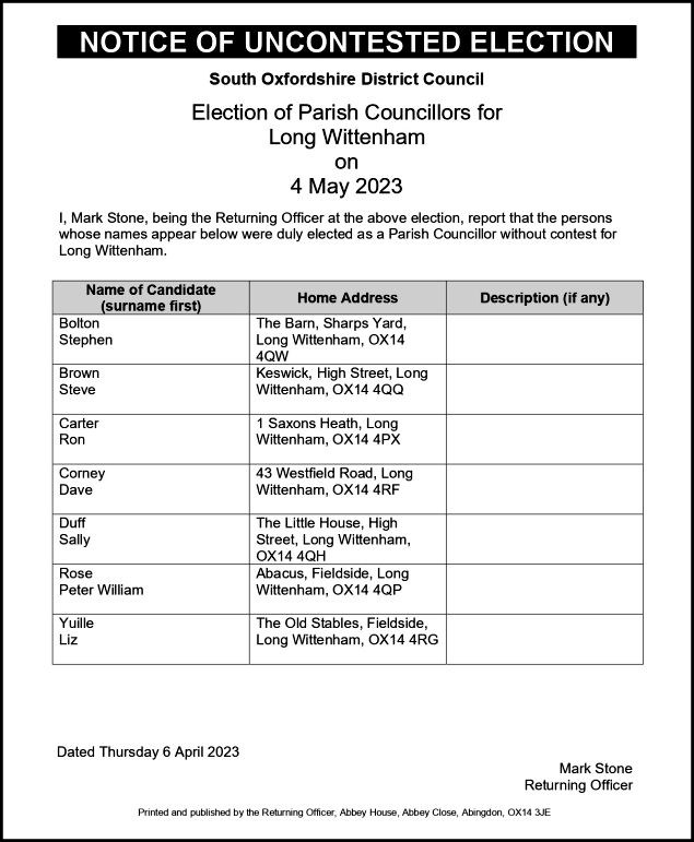 Parish Council Election Uncontested | Long Wittenham, Oxfordshire