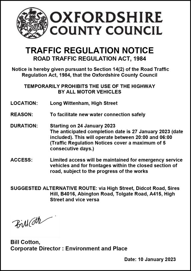 Road to Clifton Hampden Closure 24th to 27th January | Long Wittenham ...