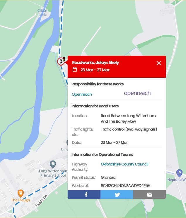 Road to Clifton Hampden Roadworks 23rd to 27th March | Long Wittenham ...