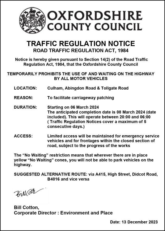 Tollgate Road Culham Closure 6th to 8th March | Long Wittenham, Oxfordshire